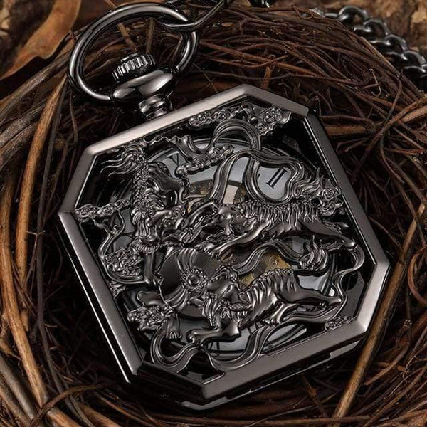 Chinese Mascot Lion Hand Wind Mechanical Pocket Watch Men Retro Skelet ...